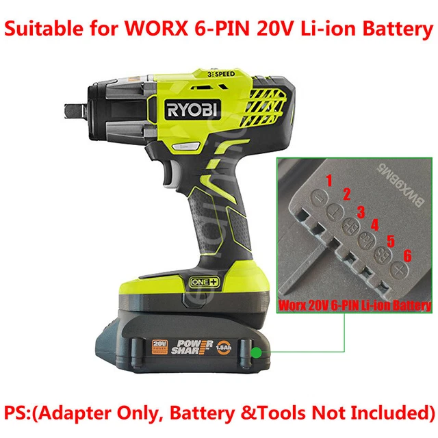 WORX 20V 6-PIN POWERSHARE WA3512/20 Li-ion Batteries To Ryobi 18V Tools ...