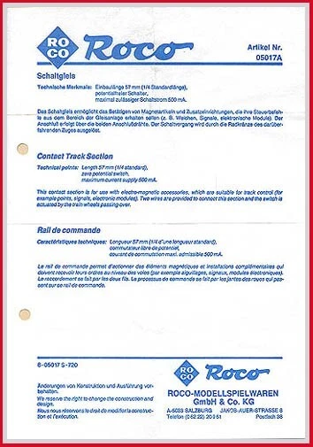 ROCO - BESCHREIBUNG und technische Daten für Schaltgleis 05017 A ...