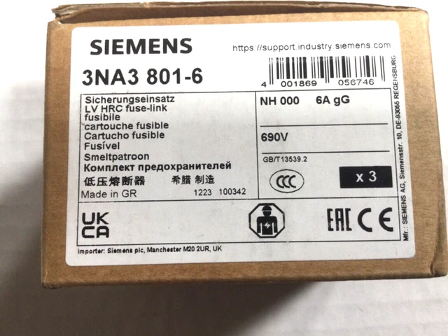 PACK OF 3 Siemens 3NA3 801-6 Fuse Links (500VAC/250VDC; 6A) $60.00 ...