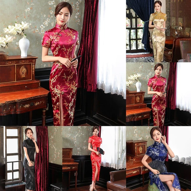 NOUVELLE ARRIVÉE LUXUEUSE robe longue chinoise satin Cheongsam Qipao pour femme EUR 31,09 ...