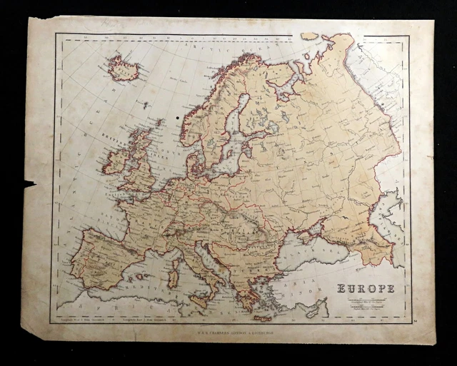 MAP OF EUROPE Old European Borders Antique Hand Coloured Engraving 1857 ...