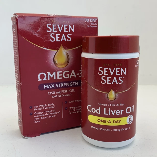 SEVEN SEAS OMEGA 3 Max Strength 30 and Cod Liver Oil 120 Capsules Both Sealed £16.95 - PicClick UK