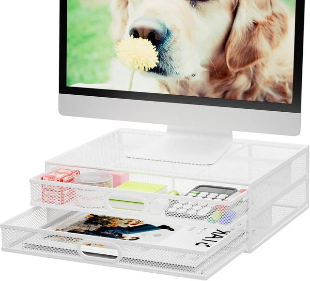 MONITOR STAND RISER with Drawer - Metal Mesh Desk Organizer with Dual ...