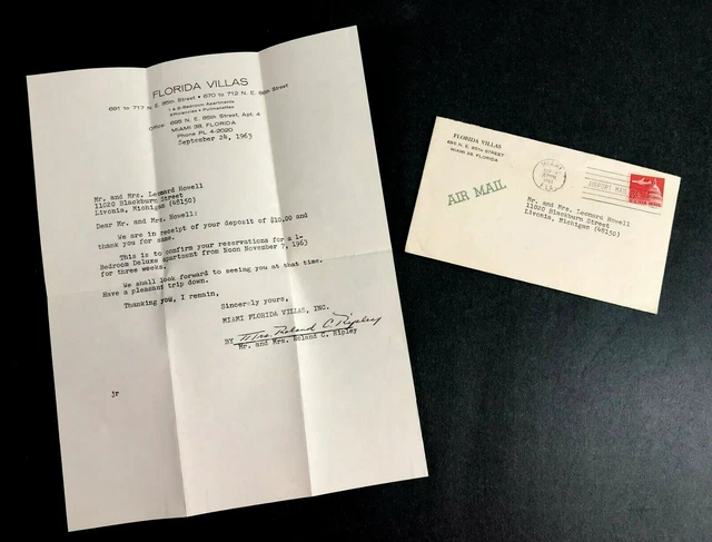 FLORIDA VILLAS RESERVATION Receipt 1963 Original Letterhead With ...