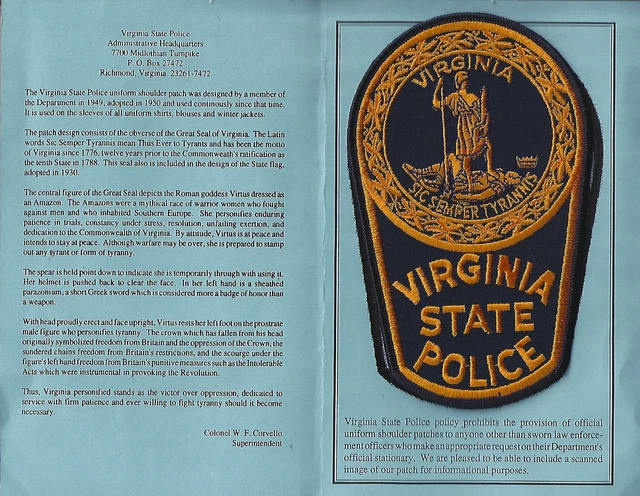 VIRGINIA STATE POLICE Shoulder Patch on a Blue Department History Card ...
