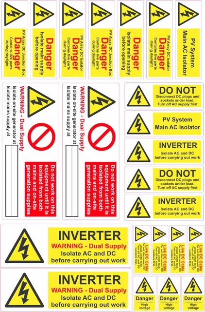 23 PV SOLAR Electrical Safety Warning sticker set ac/dc danger high ...