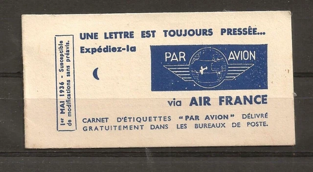 CARNET D ETIQUETTE "Par Avion" Via Air France / 1935 / Complet/ Vignette Colle EUR 9,99 ...