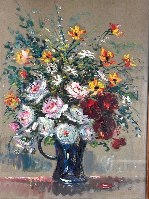 LARGE ANTIQUE BOUQUET of Roses Pitcher Blue Expressionist 1950 Paris ...