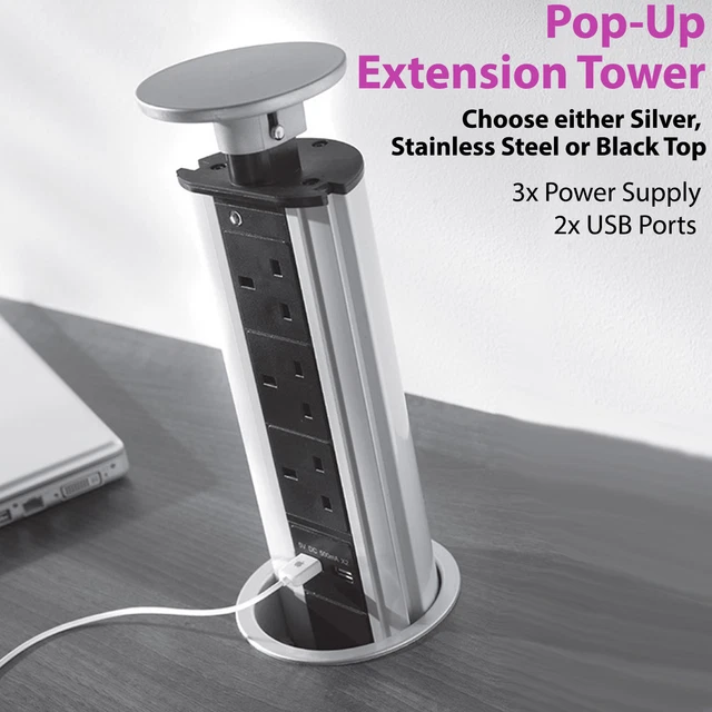 3 WAY/GANG POP Up Extension Tower 2x USB Ports Modern Hidden Mains ...