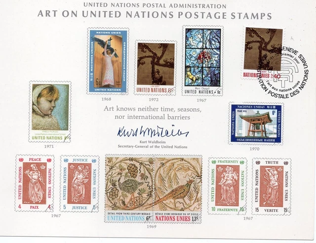 UNITED NATIONS ART On Un Postage Stamps Signed By Kurt Waldheim Very ...