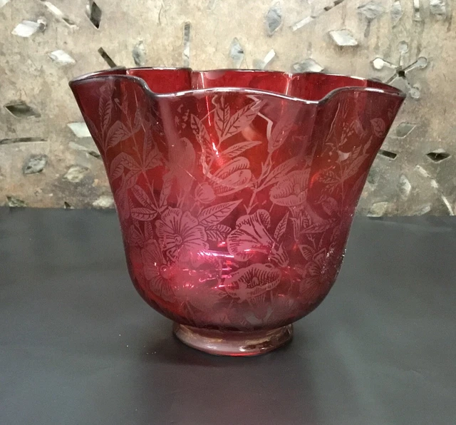 VICTORIAN CRANBERRY FLOWERED Etched Lamp Shade 2 1/8’’ Rim Fitter……[S5 ...
