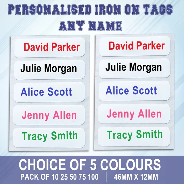 IRON ON NAME Labels. Personalised Name labels for clothes. School, Care ...
