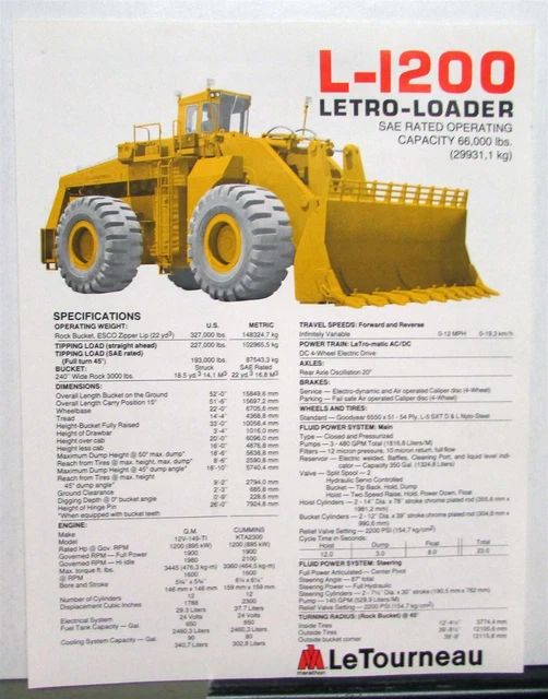 1979 LETOURNEAU L1200 Loader Specifications Construction Data Sheet £15 ...