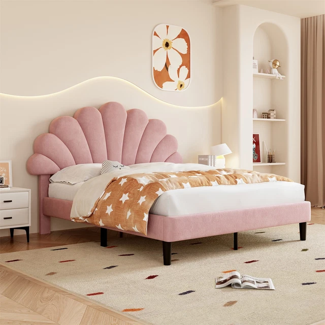 DOUBLE BED FABRIC Upholstered Bed Frame with Headboard, Solid Wood ...