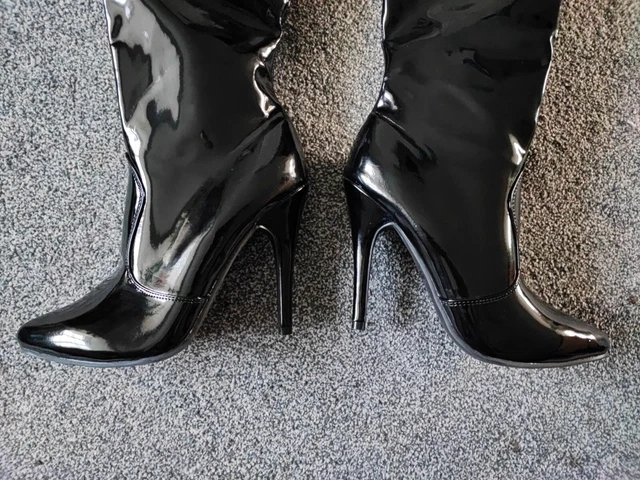 BLACK PVC THIGH High Boots Heels Sexy Fetish BDSM Dominatrix - Ellie ...