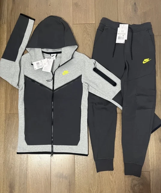 NIKE TECH FLEECE Hoodie & Joggers-Dark Grey Heather /Anthracite/ Volt £ ...