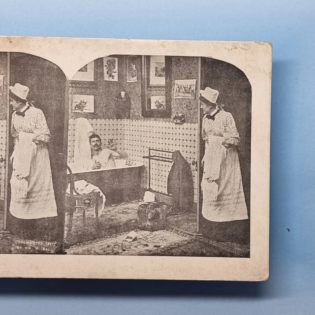 VICTORIAN RISQUE HUMOUR Stereoview 3D C1900 Naked Master Maid Bathroom ...