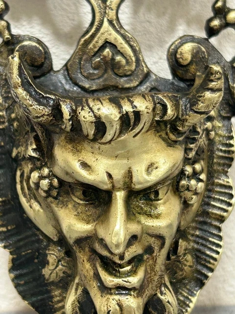 ANTIQUE DEVIL FACE Sculpture Gilt Bronze Wall Pyrogen Satan w Vine Decoration £419.68 - PicClick UK