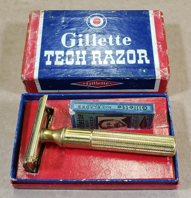 VINTAGE GILLETTE GOLD Tech Razor with Blade Pack in Original Box $21.00 ...