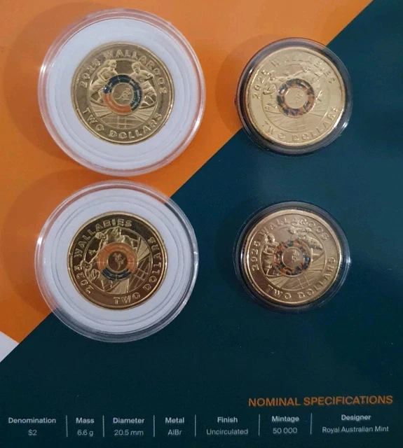 2025 WALLABIES/WALLAROOS $2 coins - TWO COIN - Two Dollars 4 Coin FULL ...