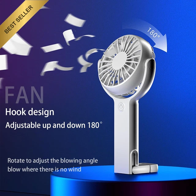 MINI HANDHELD FAN 180° Foldable 5-Speed Rechargeable Travel Hook White ...