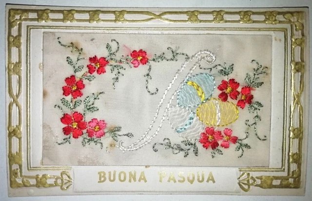 BUONA PASQUA CARTOLINA D'epoca Disegno In Seta Ricamata E Cornice In ...