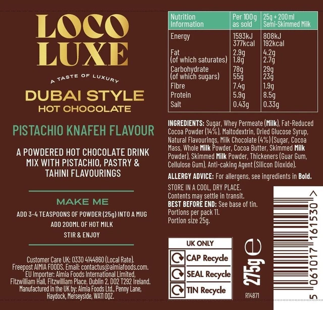 LOCO LUXE DUBAI Style Pistachio Knafeh Hot Chocolate 250g | Luxury ...