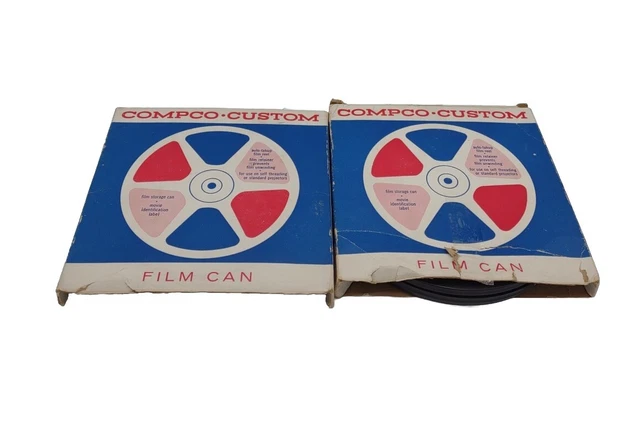 2 VINTAGE COMPCO 300 ft 8mm Film Canister and Take Up Reel 6" USA Metal ...