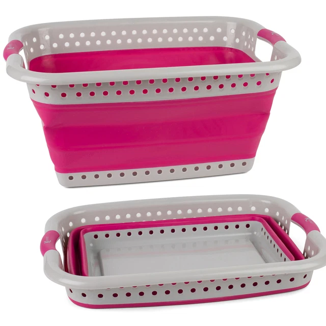 KLEENEZE COLLAPSIBLE LAUNDRY Washing Basket Foldable Compact 60L Pink ...