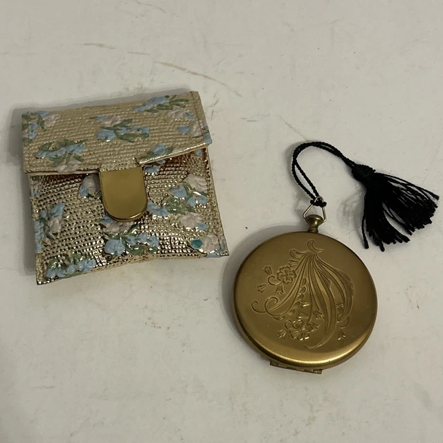 ZELL FIFTH AVENUE Powder Compact Gold Pocket Watch Style 1940’s Brocade ...
