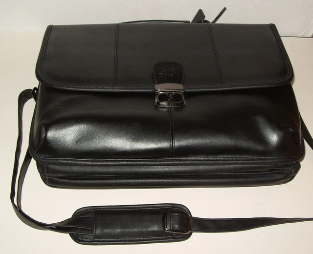 LUCA BOCELLI BLACK Leather Briefcase - Laptop Case with Shoulder Strap ...