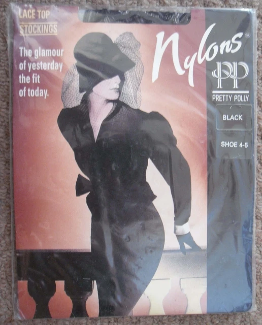 PRETTY POLLY BLACK LACE TOP STOCKINGS - UK Shoe Size 4-5 - NYLON - PP ...