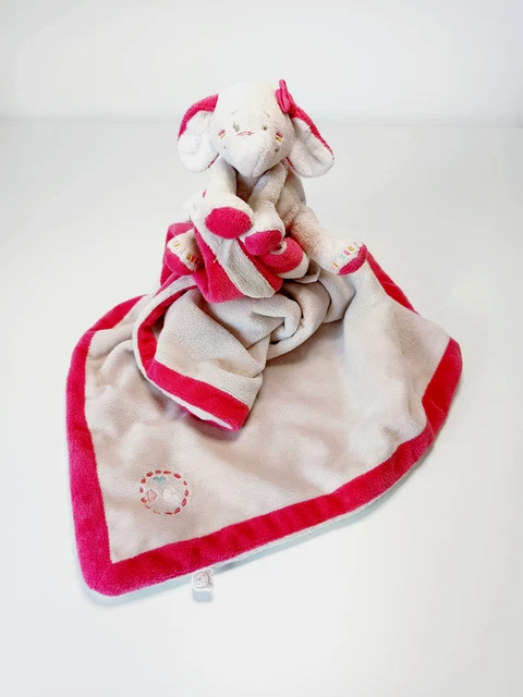DOUDOU PLAT/COUVERTURE PILI Et Anna Eléphant Rose Beige Attache Tétine ...