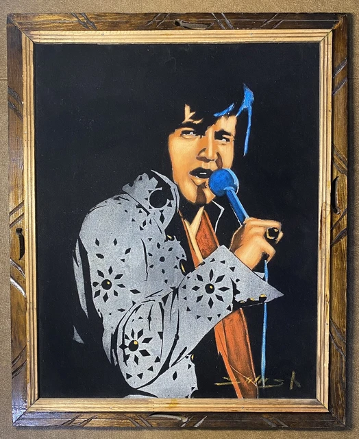 VINTAGE ELVIS PRESLEY Black Velvet Hand-Painted Carved Wood Framed Art ...