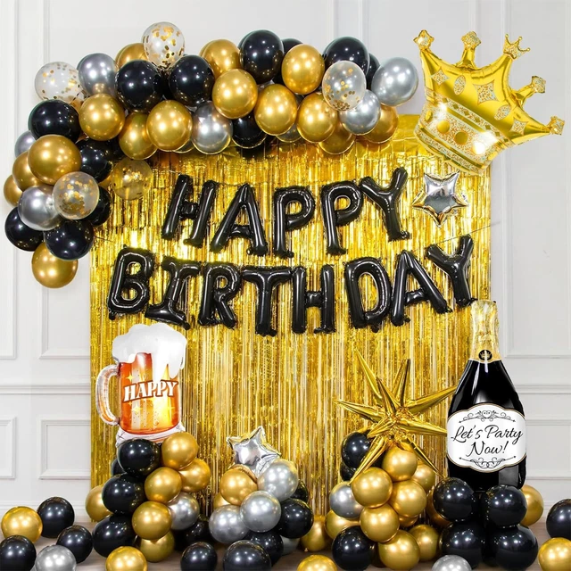 BLACK AND GOLD Happy Birthday Decorations for Men with Banner, Fringe ...