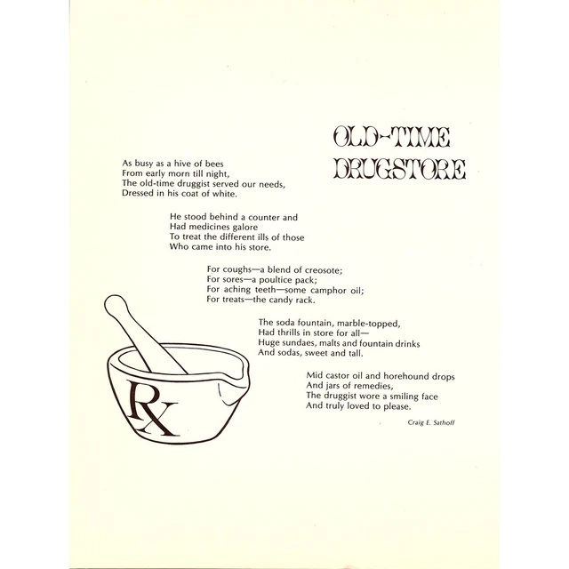 OLD-TIME DRUGSTORE CRAIG E. Sathoff 1970s Poem Retro Kitsch Wall Art ...