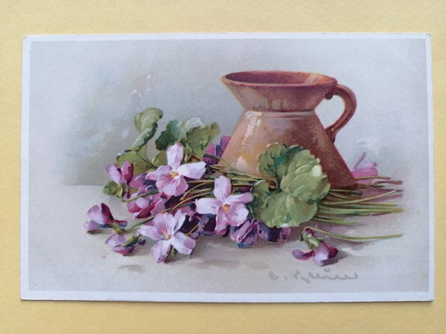 CPA POSTKARTE ILLUSTRATION CHROMO Signée Catherine KLEIN POT Bouquet de ...