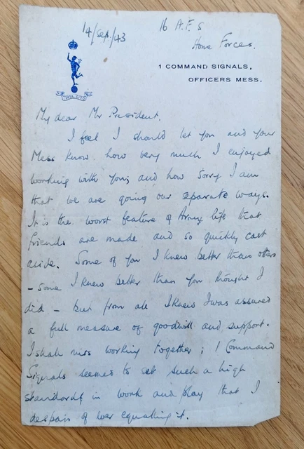 WW2 LETTER/NOTE 16 A.F.S. Home Forces, 1 Command Signals, Officers Mess ...