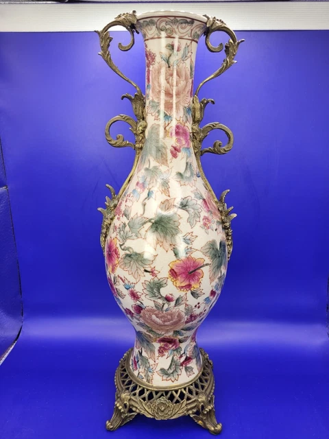 BEAUTIFUL RARE VINTAGE Tall Art Deco Porcelain & Bronze Foral Vase ...