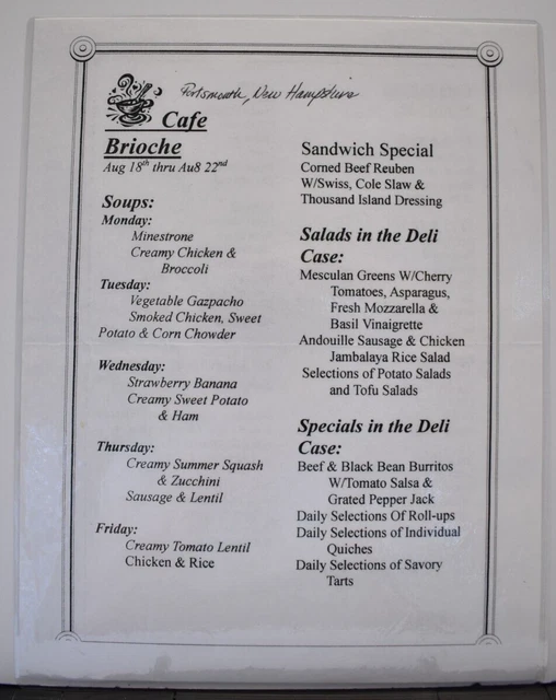 2003 CAFE BRIOCHE Restaurant Menu Market Square Portsmouth New ...