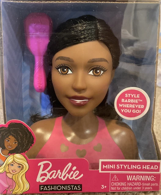 BARBIE FASHIONISTAS MINI STYLING HEAD Black hair with pink highlight ...
