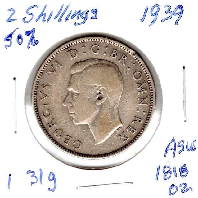 1939 GREAT BRITAIN 2 Shillings 50% Silver Coin $22.25 - PicClick CA