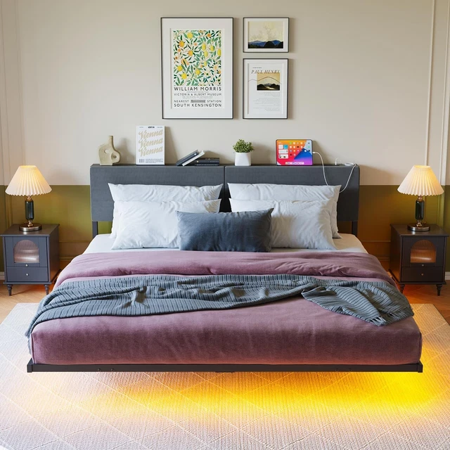 KING BED FRAME with USB Charging Station and LED Lights,Floating Bed ...