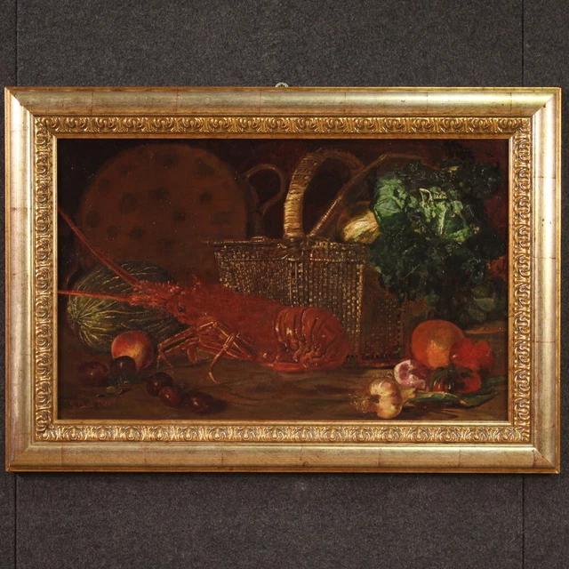 ANTIQUE SIGNED STILL Life Square Painting Lobster Oil on Canvas 19th ...