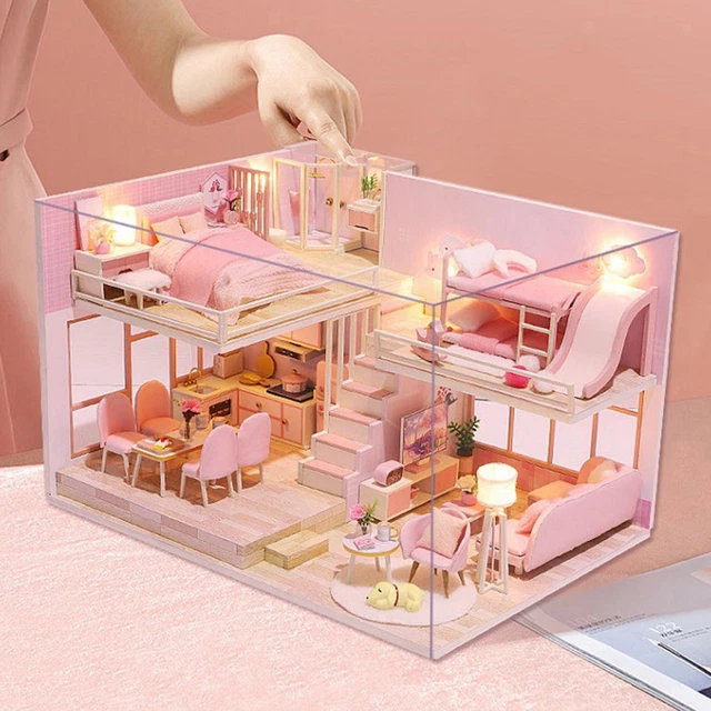 DIY WOODEN DOLLHOUSE Miniature LED Light Furniture Doll House Kits for ...