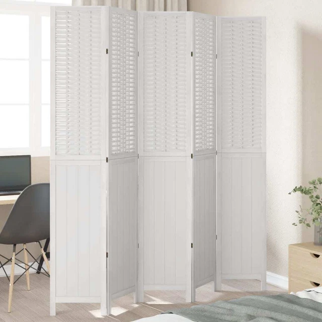 ROOM DIVIDER 5 Panels Office Privacy Screen White Solid Wood Paulownia ...