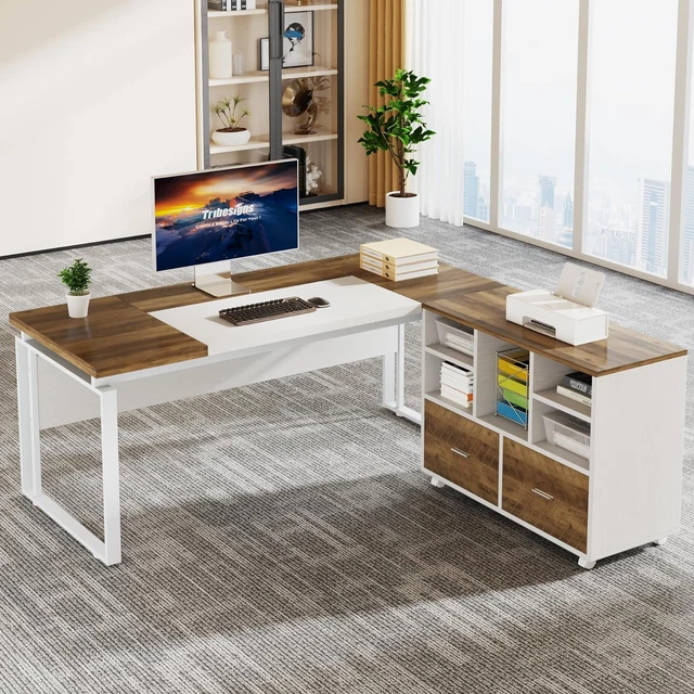 TRIBESIGNS L-SHAPED EXECUTIVE Desk with Reversible File Cabinet, 63 ...
