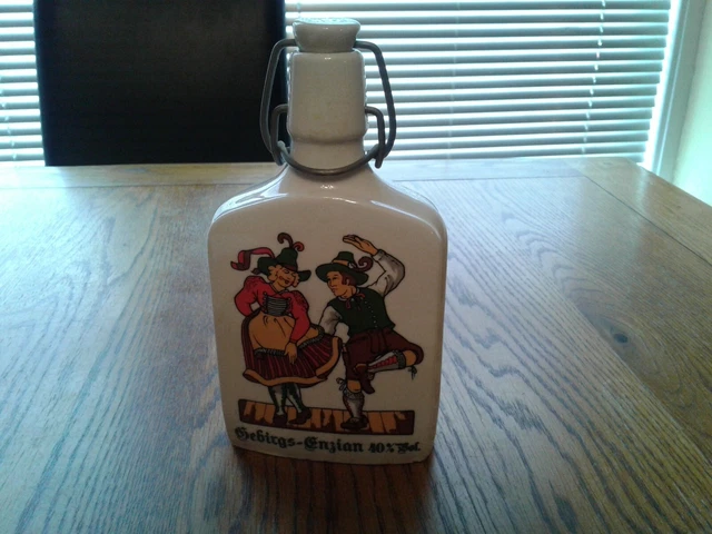 RARE VINTAGE GERMAN Kirsch cherry brandy ceramic flask with back label ...