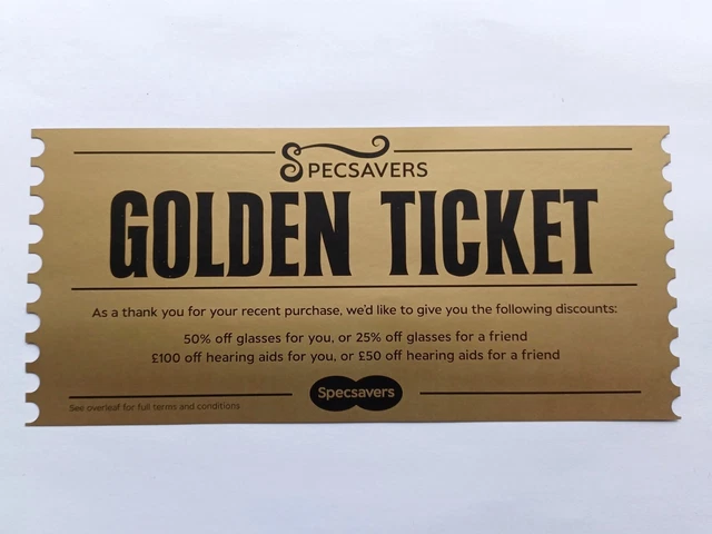 SPECSAVERS GOLDEN TICKET Discount Voucher 50% off Glasses £100 off ...