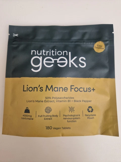 NUTRITION GEEKS LION'S Mane Focus+ Vegan Tablets 180 with Vitamin B1 ...